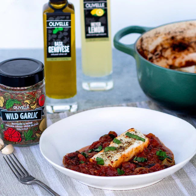 Puttanesca Poached Fish with Lemon Balsamic – Chivilla Bay